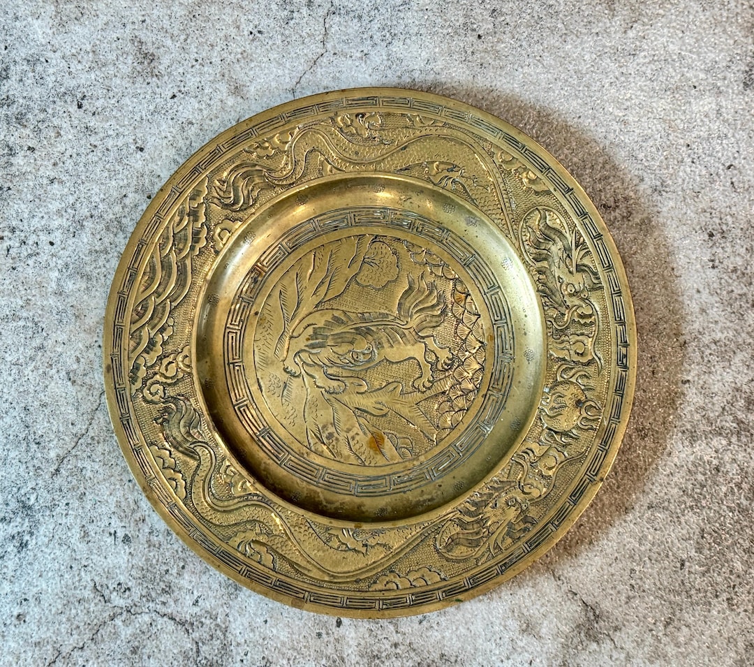 Vintage Chinese Brass Dragon Plate – Etched Decorative Wall Art, Made ...