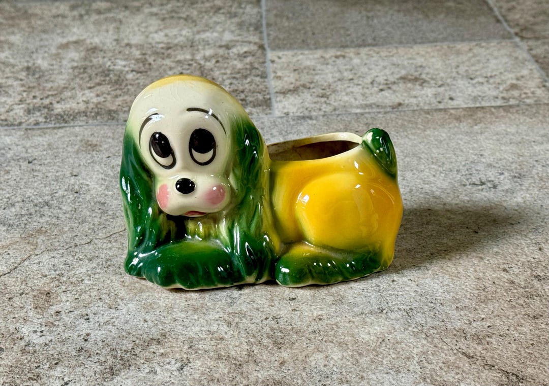 Vintage Green and Yellow Sad Eyed Cocker Spaniel Puppy Dog Planter ...