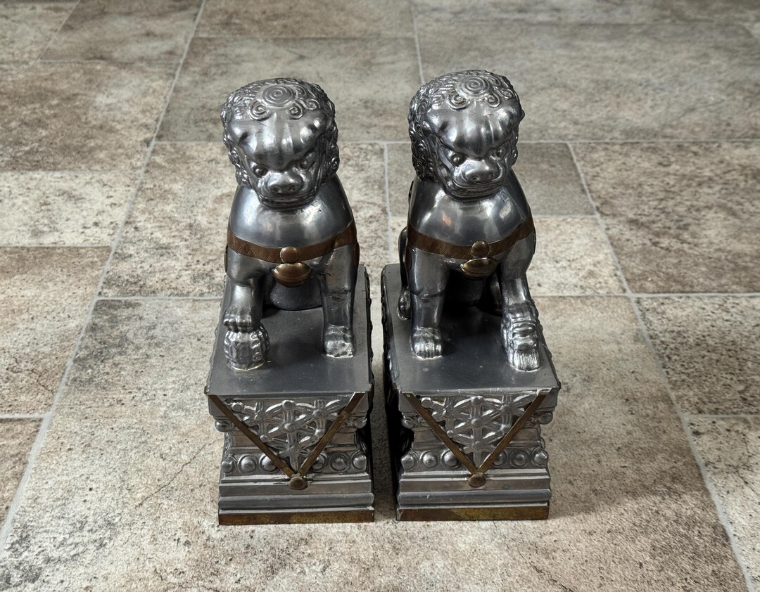 Vintage Heavy Cast Metal Foo Dog Statues – Pair of 7-lb Guardian Lion ...