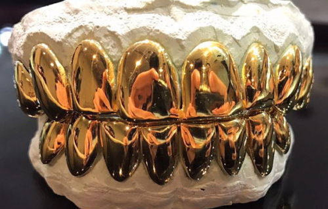 18K Solid Yellow Gold Custom Fit REAL Perm Cut Grill Gold Teeth GRILLZ ...