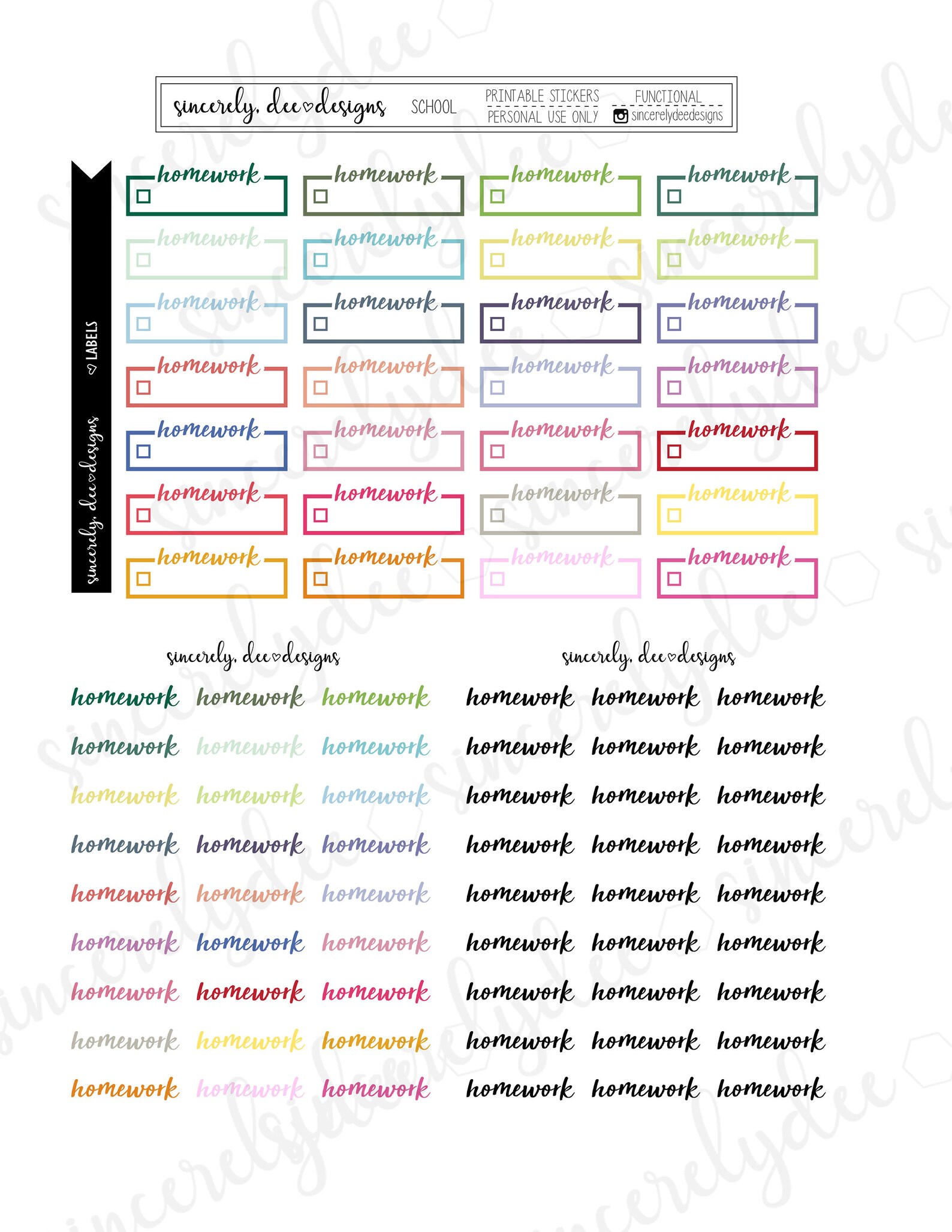 HOMEWORK LABELS Printable Planner Stickers / Black and Rainbow - Etsy