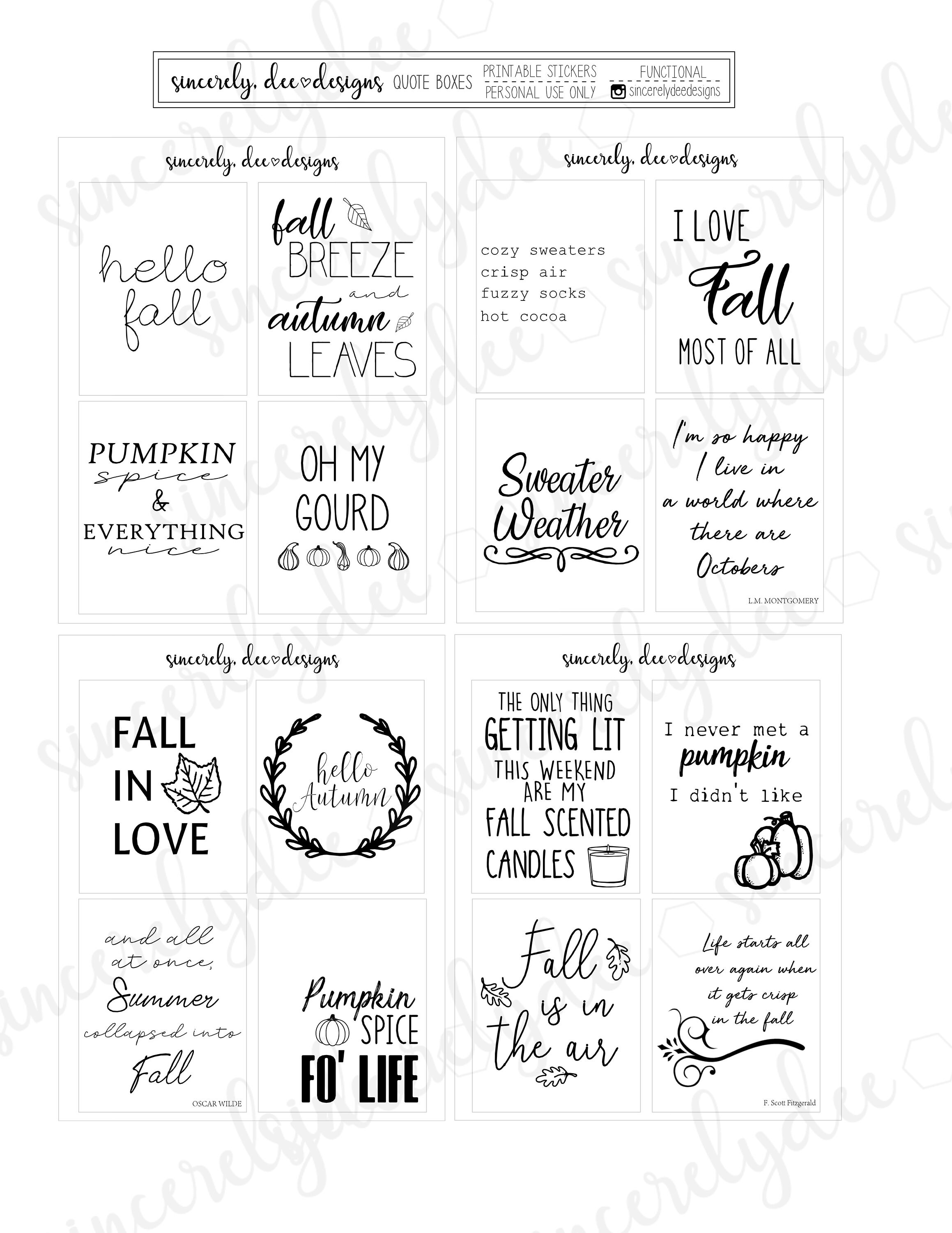 Fall Quote Box Overlay Printable Planner Stickers / Foil Ready / Erin ...