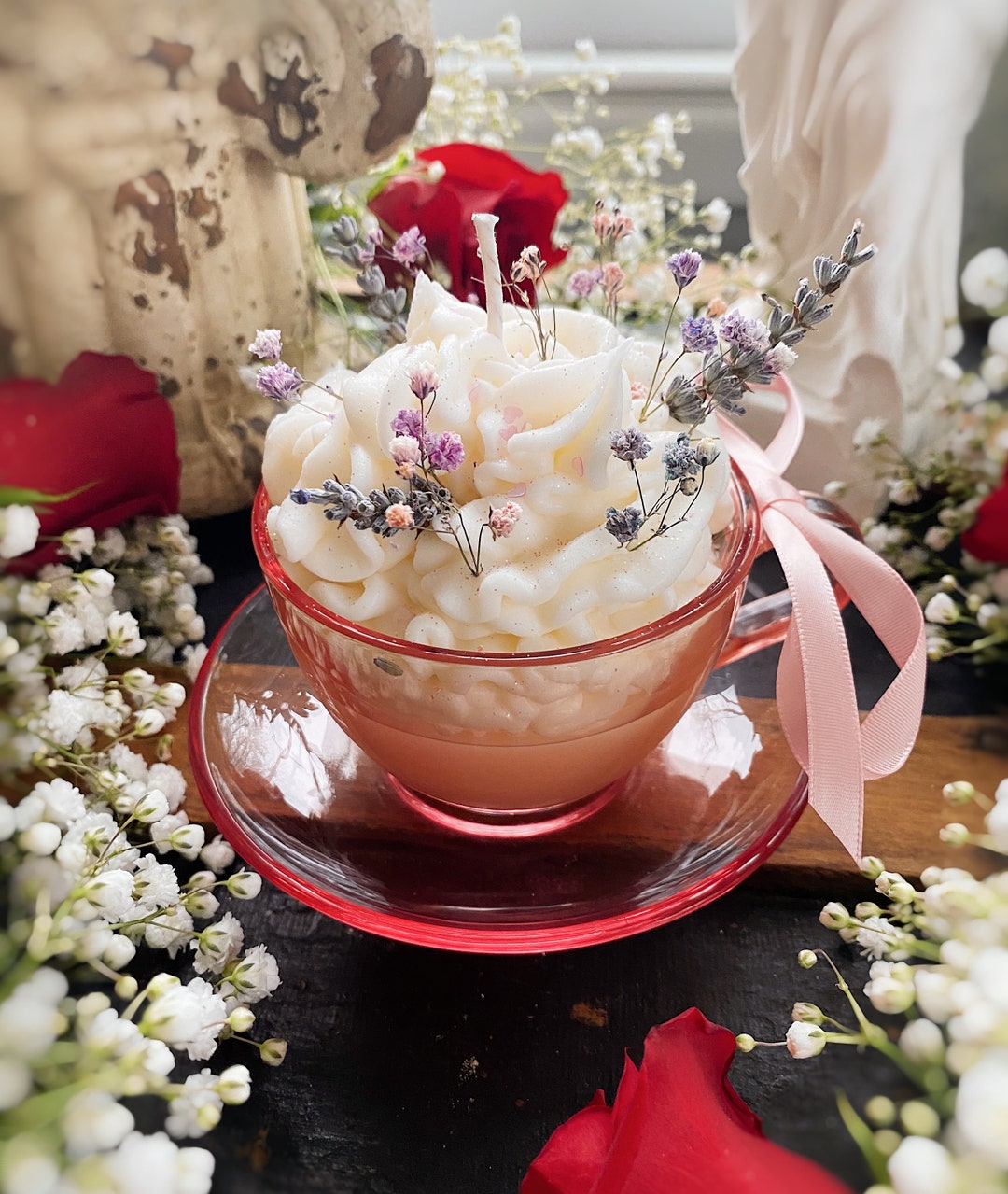 Pink Dessert Candle With Dried Flowers, Soywax, Valentines, Gifts ...