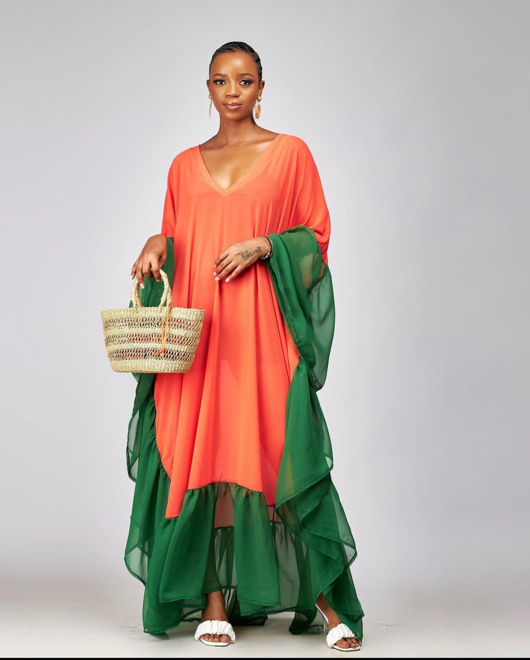 V-neck Colorblock Summer Maxi, Light Flowy Chiffon Dress, Loose Fit ...