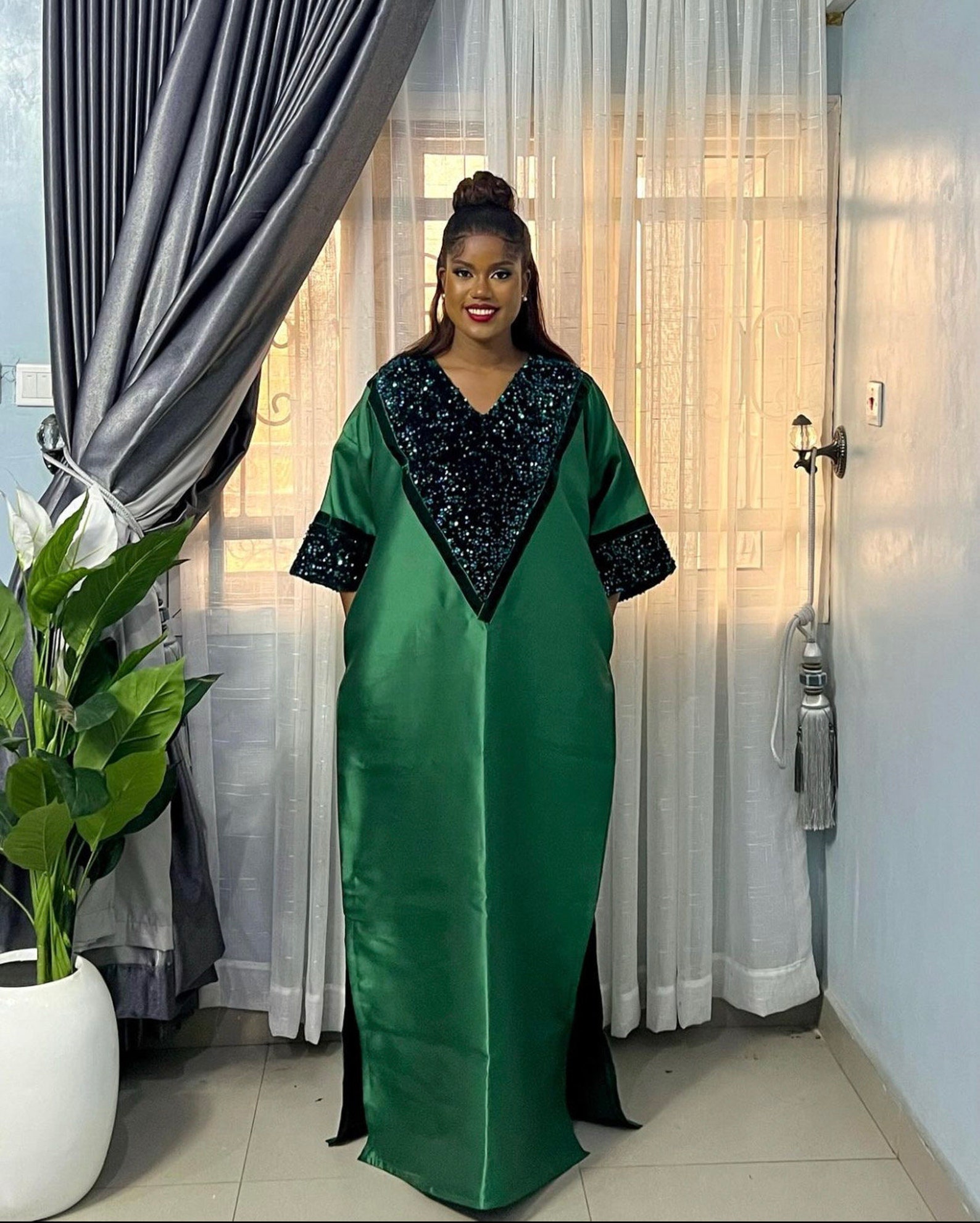 Green Nigeria Party Dress, Mikado Silk Bubu, Sequin Wedding Guest ...