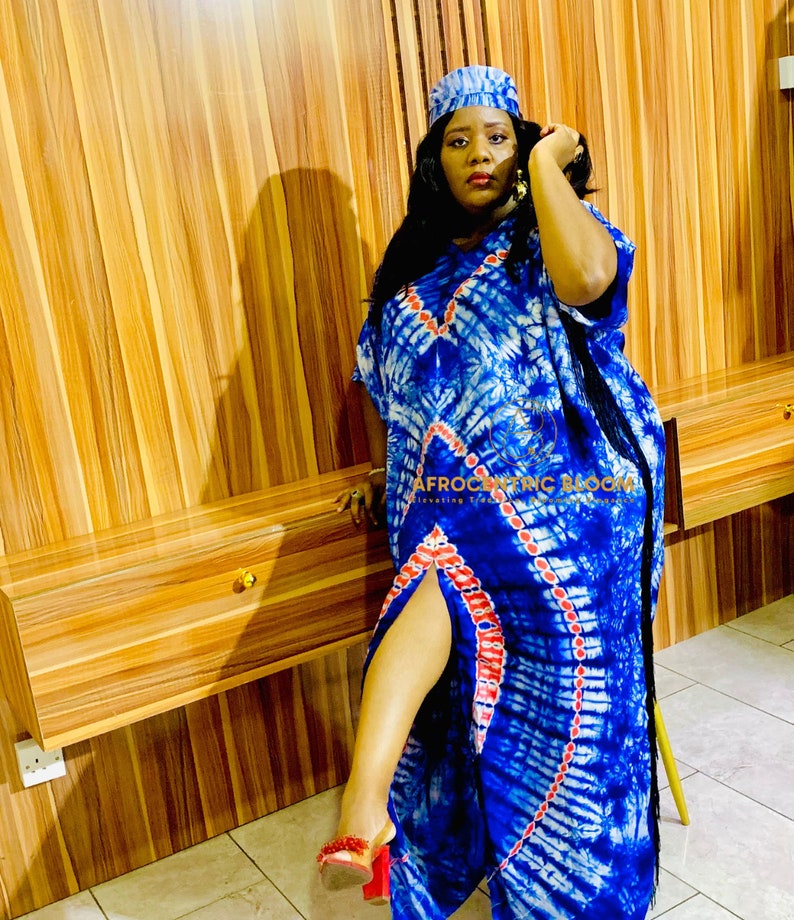 Pretty African V-neck Adire Silk Dress With Scarf, Tie Dye Nigeria ...