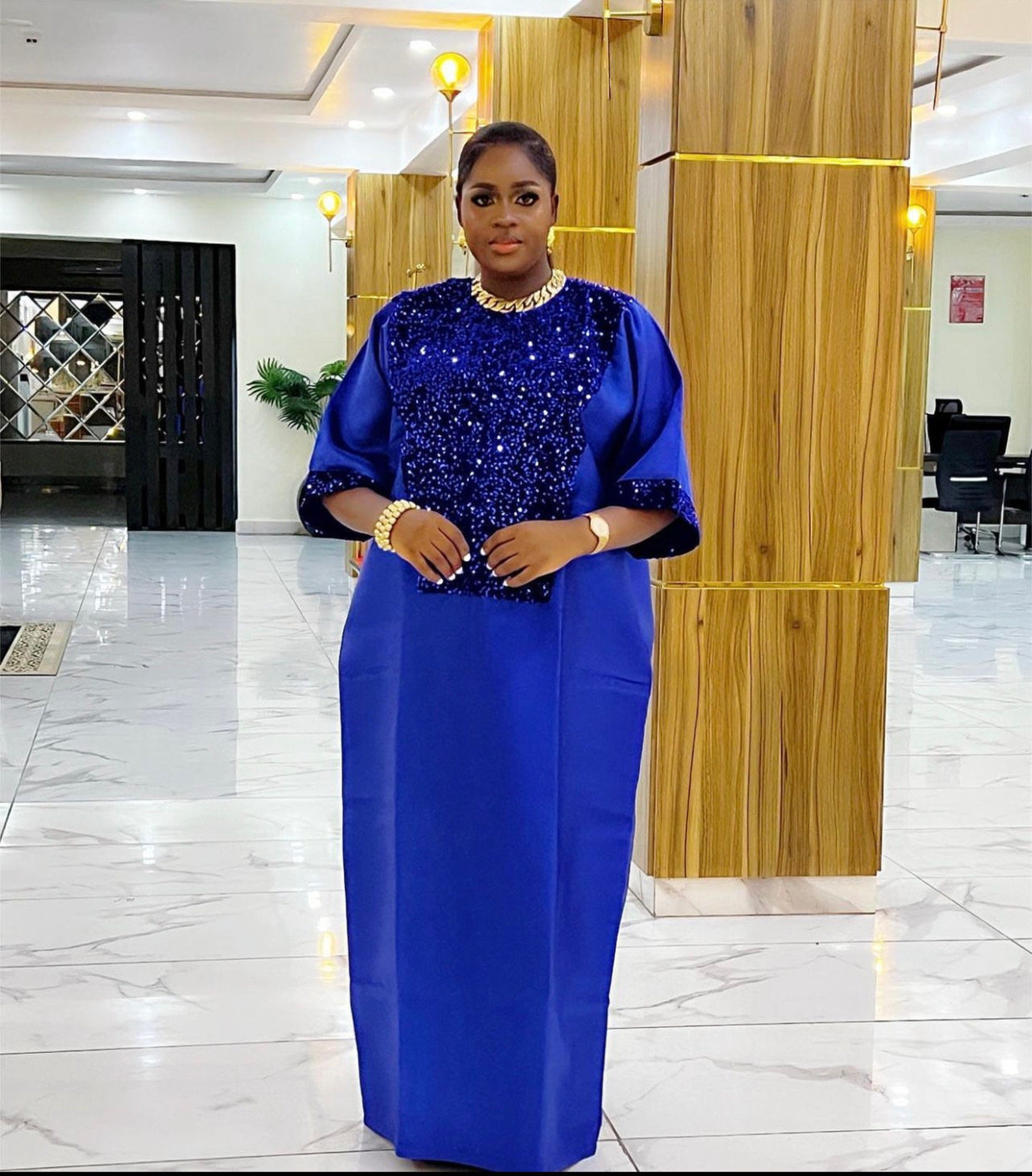 Yellow Mikado Silk Kaftan With Sequins, Party African Boubou for Her ...