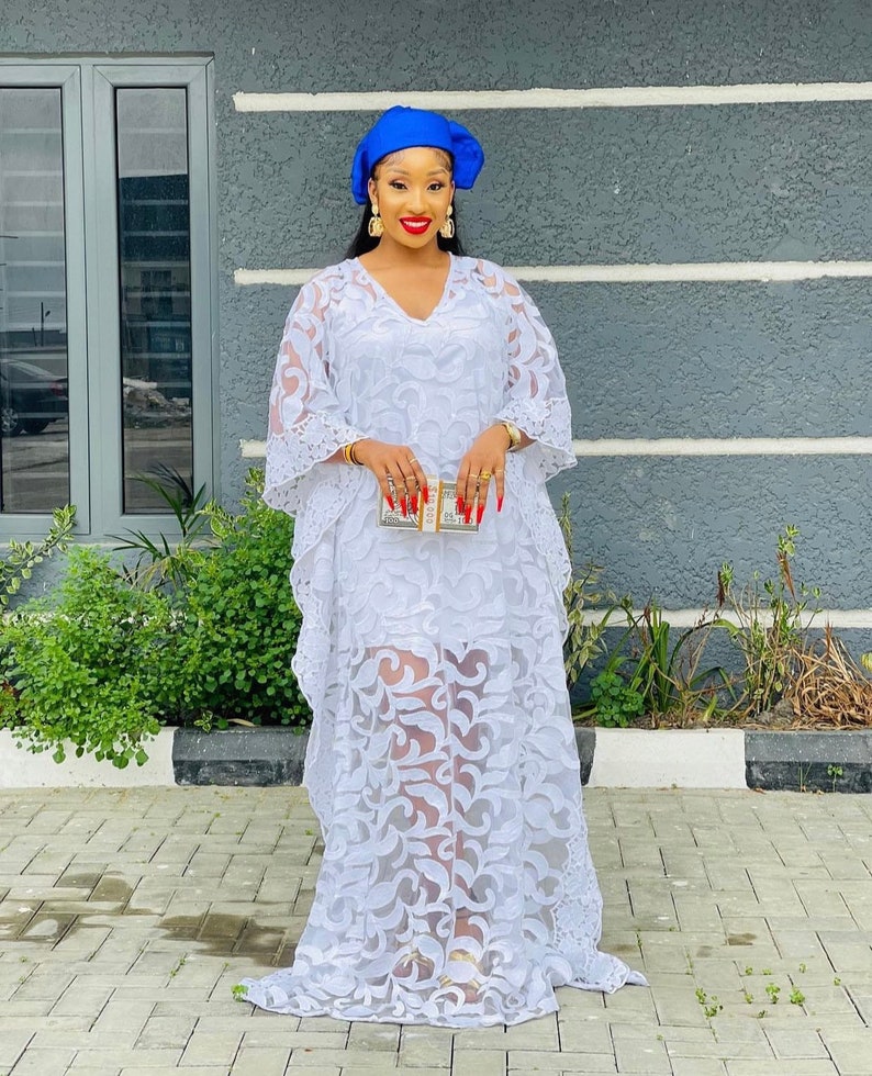 White Cord Lace Kaftan Dress, Nigerian Maxi Gown With Scarf - Etsy