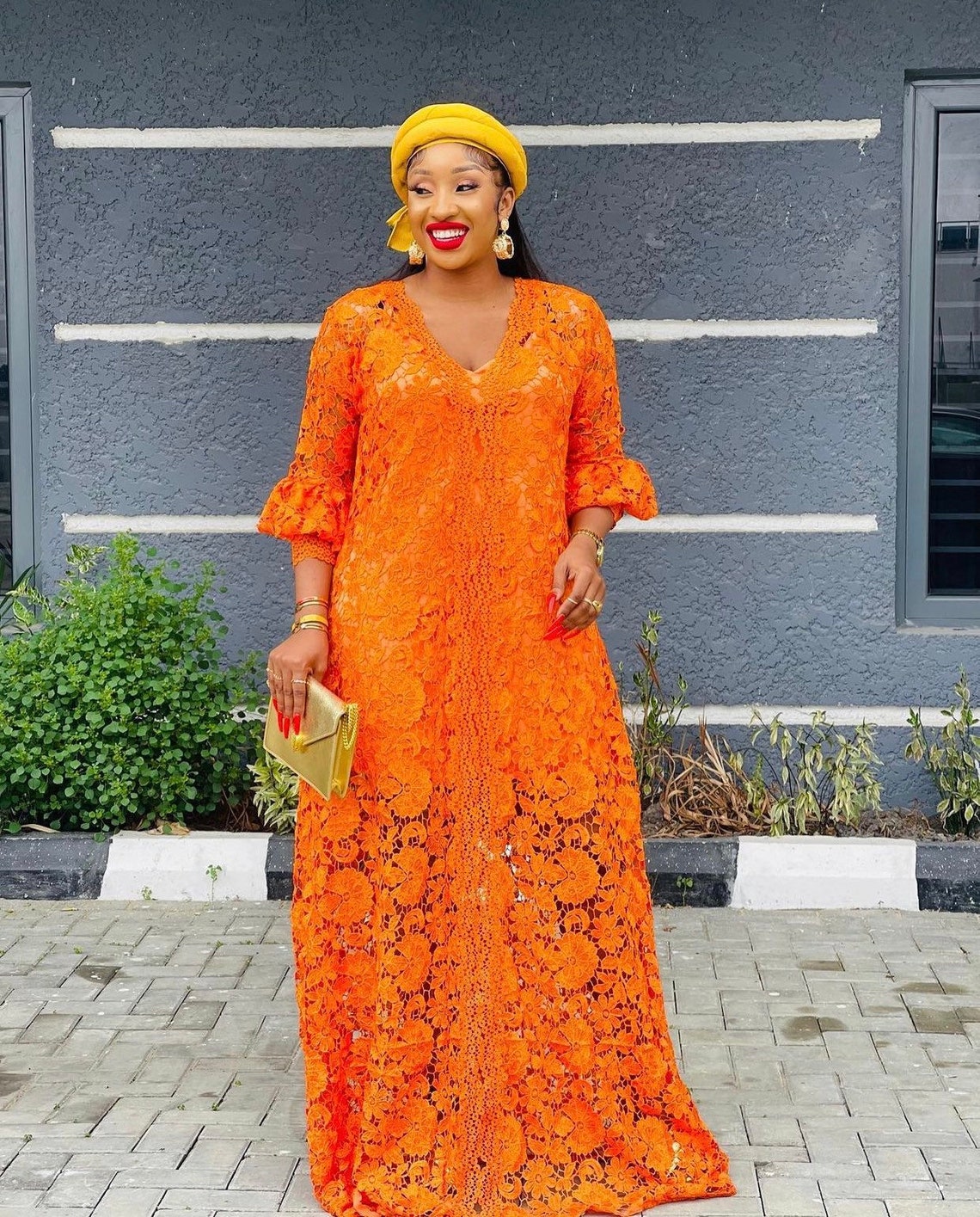 Orange Cord Lace Bubu Dress, Nigerian Luxury Party Kaftan With Matching ...