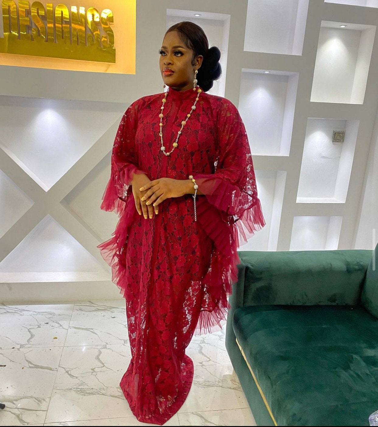 Red African Luxury Red Lace Dress, Nigeria Party Bubu, Elegant Church ...