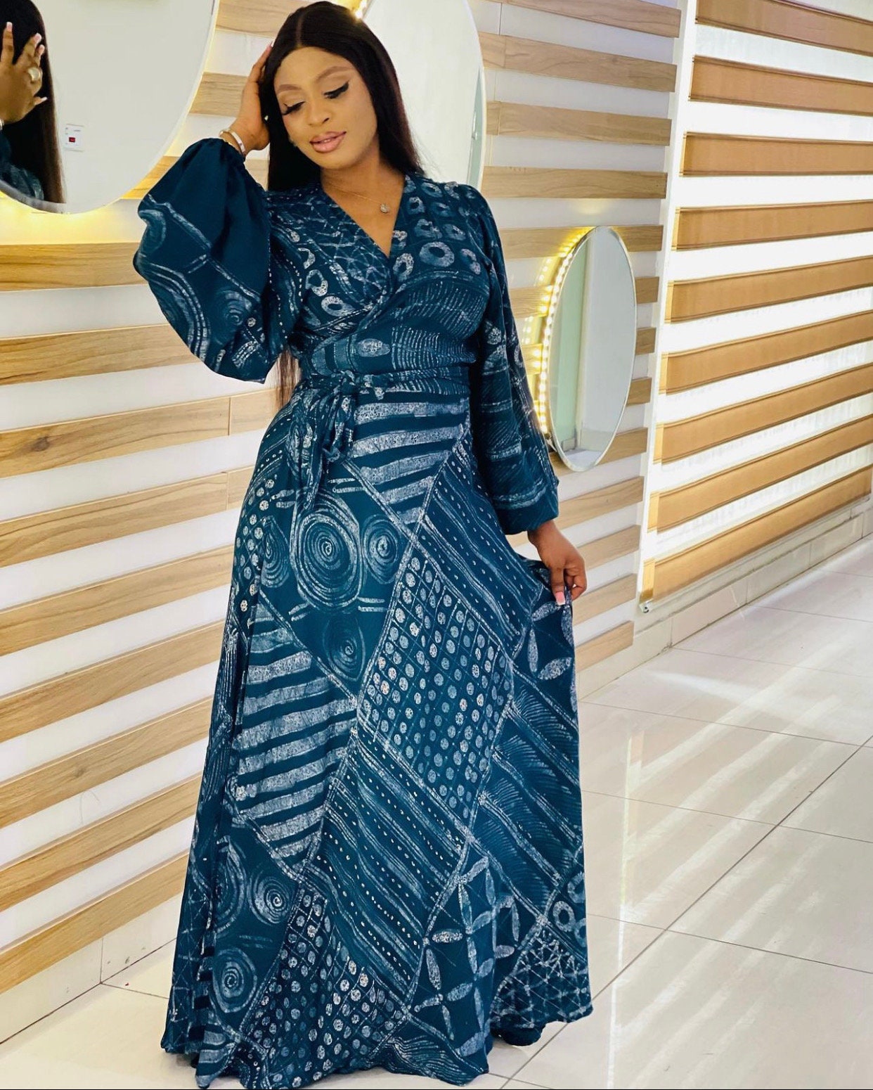 Blue Adire Chiffon Wrap Dress, Formal Kaftan Church Outfit, Floor ...