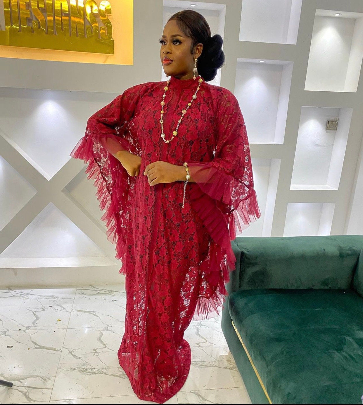 Red African Luxury Red Lace Dress, Nigeria Party Bubu, Elegant Church ...