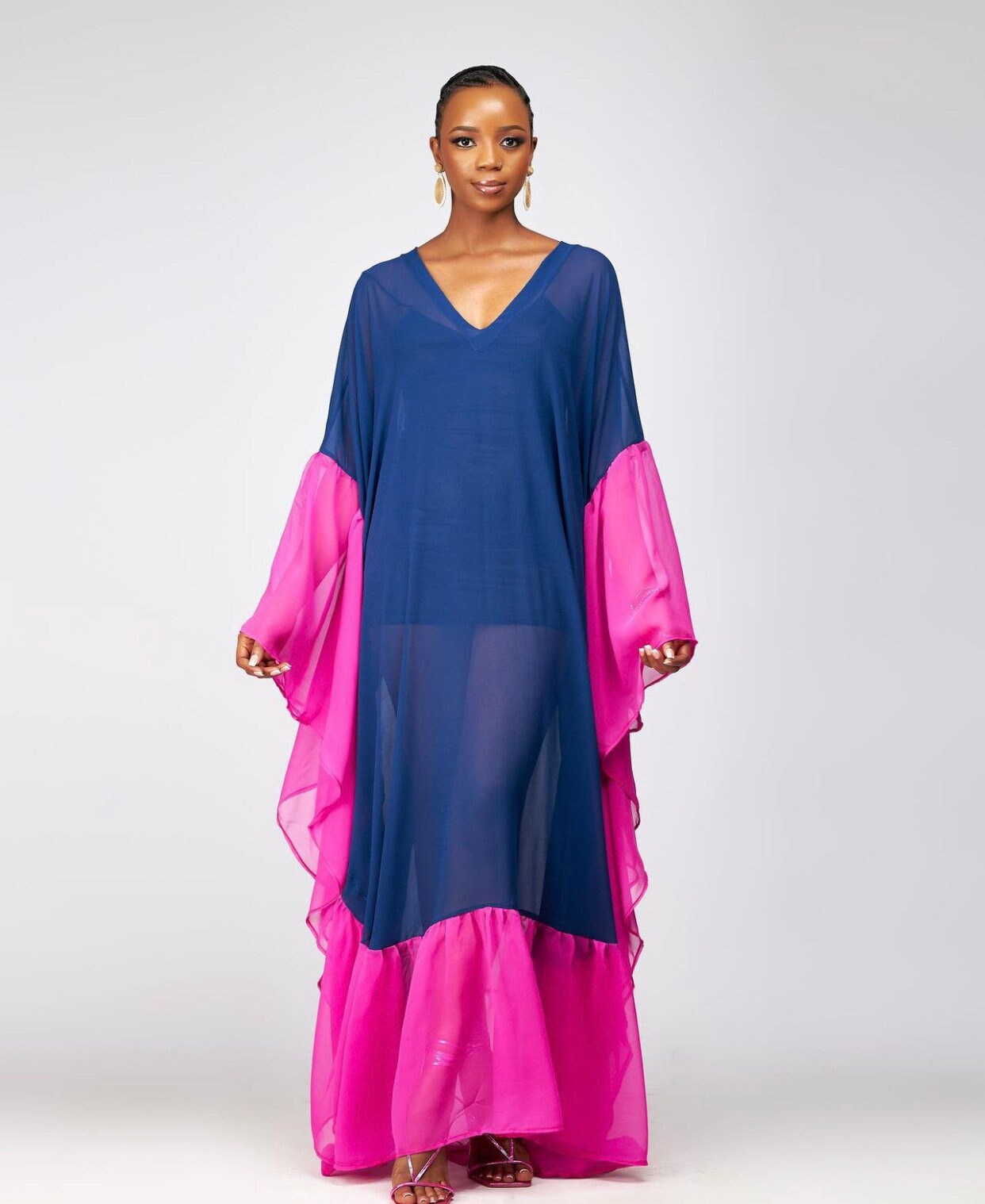 V-neck Colorblock Summer Maxi, Light Flowy Chiffon Dress, Loose Fit ...