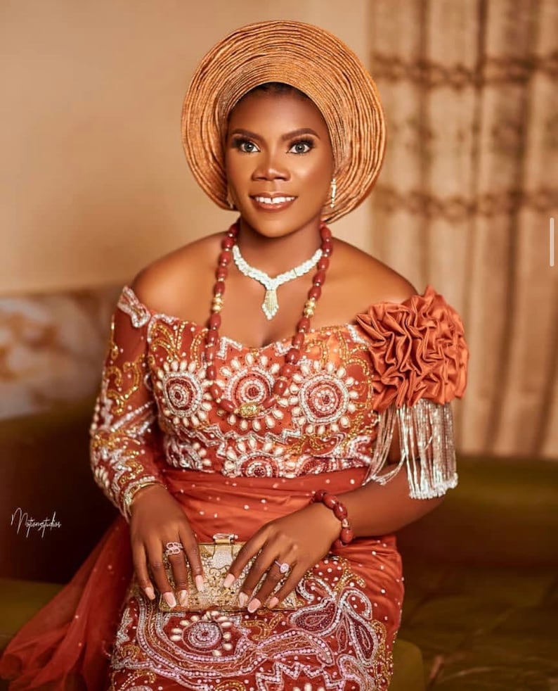 Brown Igbo Couple Matching Wedding Attire, Beaded Indian George Outfit ...