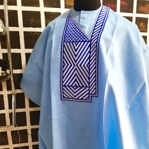 3 Piece Blue Swiss Cotton Agbaga Set, African Shirt Set With Matching ...