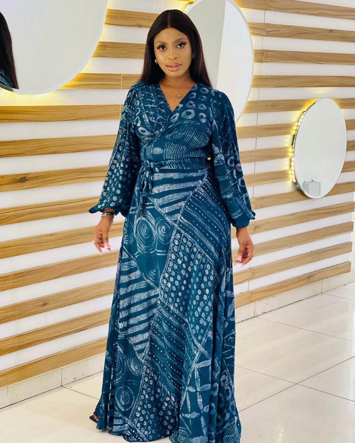 Blue Adire Chiffon Wrap Dress, Formal Kaftan Church Outfit, Floor ...