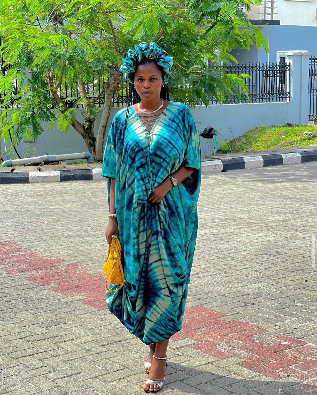Nigerian Adire Silk Tunic With Matching Headband, African Fabric Bubu ...