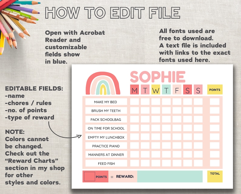 Cute Reward Chart Editable Printable PDF Kids Rainbow Reward | Etsy
