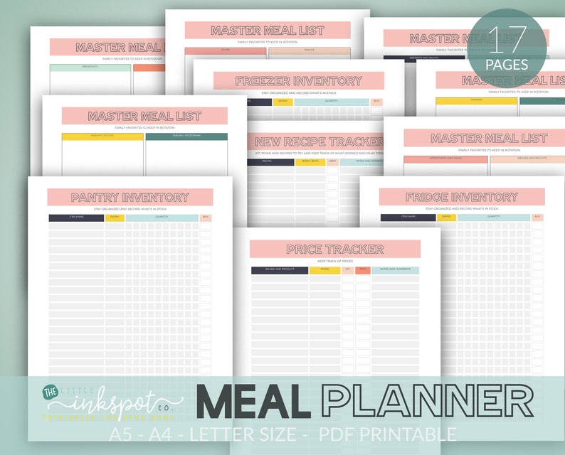 Meal Planner Printable Instant Download Menu Planner Recipe Planner ...