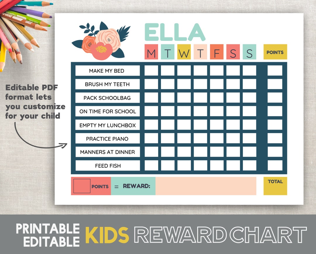 Reward Chart Girl Chore Chart Girls Floral Reward Chart - Kids Chart ...