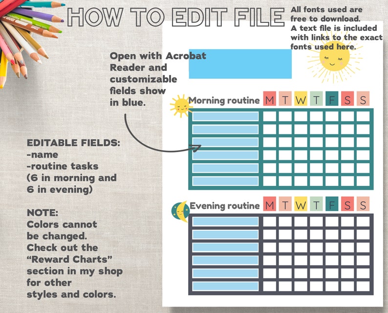 Routine Chart Kids Printable Sun Chart Fillable Editable Daily - Etsy ...