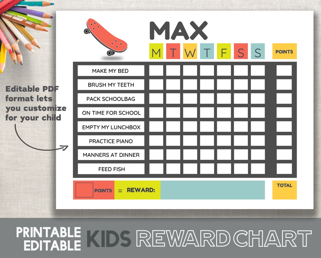 Reward Chart Printable Boy Chore Chart Editable Fillable PDF Kids Chart ...