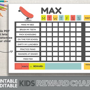 Reward Chart Printable Boy Chore Chart Editable Fillable PDF Kids Chart ...