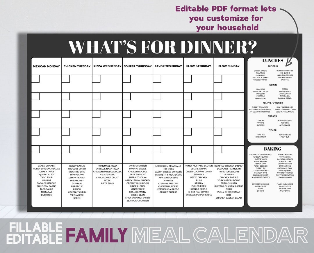 Meal Calendar - Family Meal Planner - Monthly Meal Schedule - Editable ...