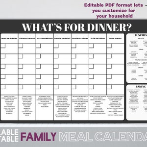 Meal Calendar - Family Meal Planner - Monthly Meal Schedule - Editable ...