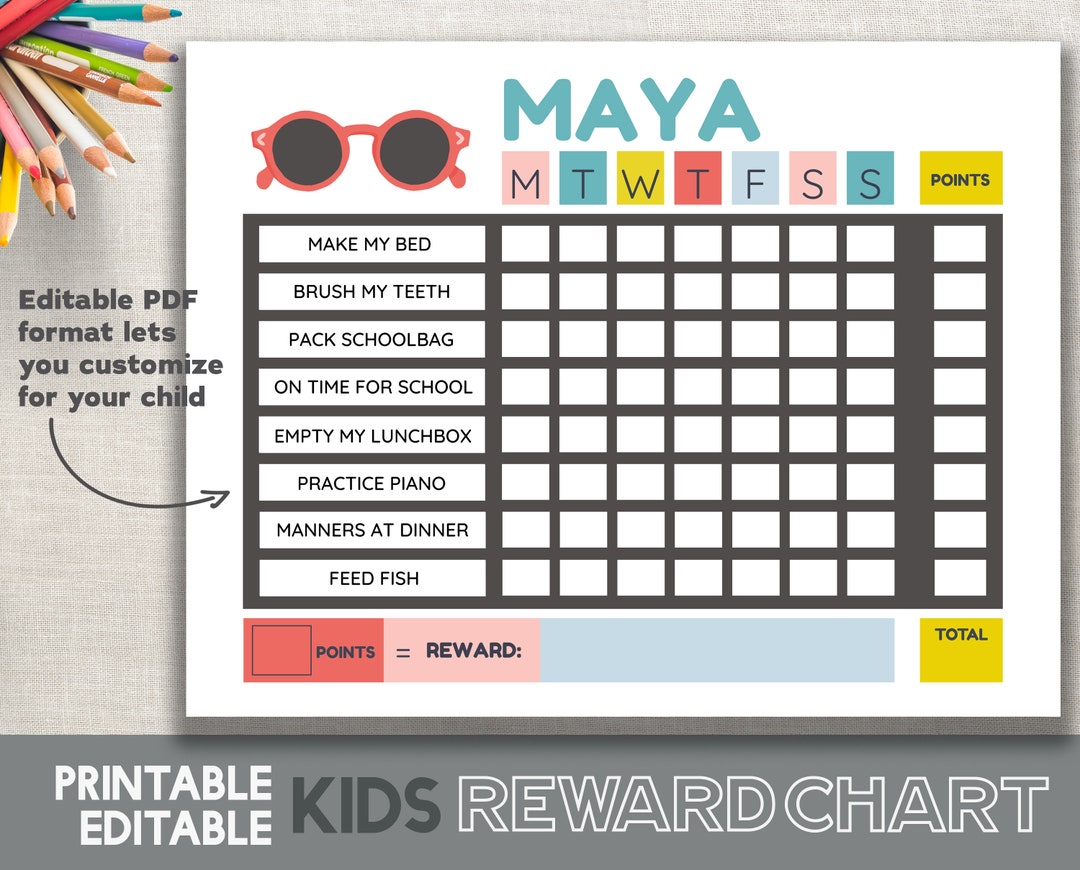 Reward Chart - Sunglasses Teen Chore Chart Kids Printable Schedule ...