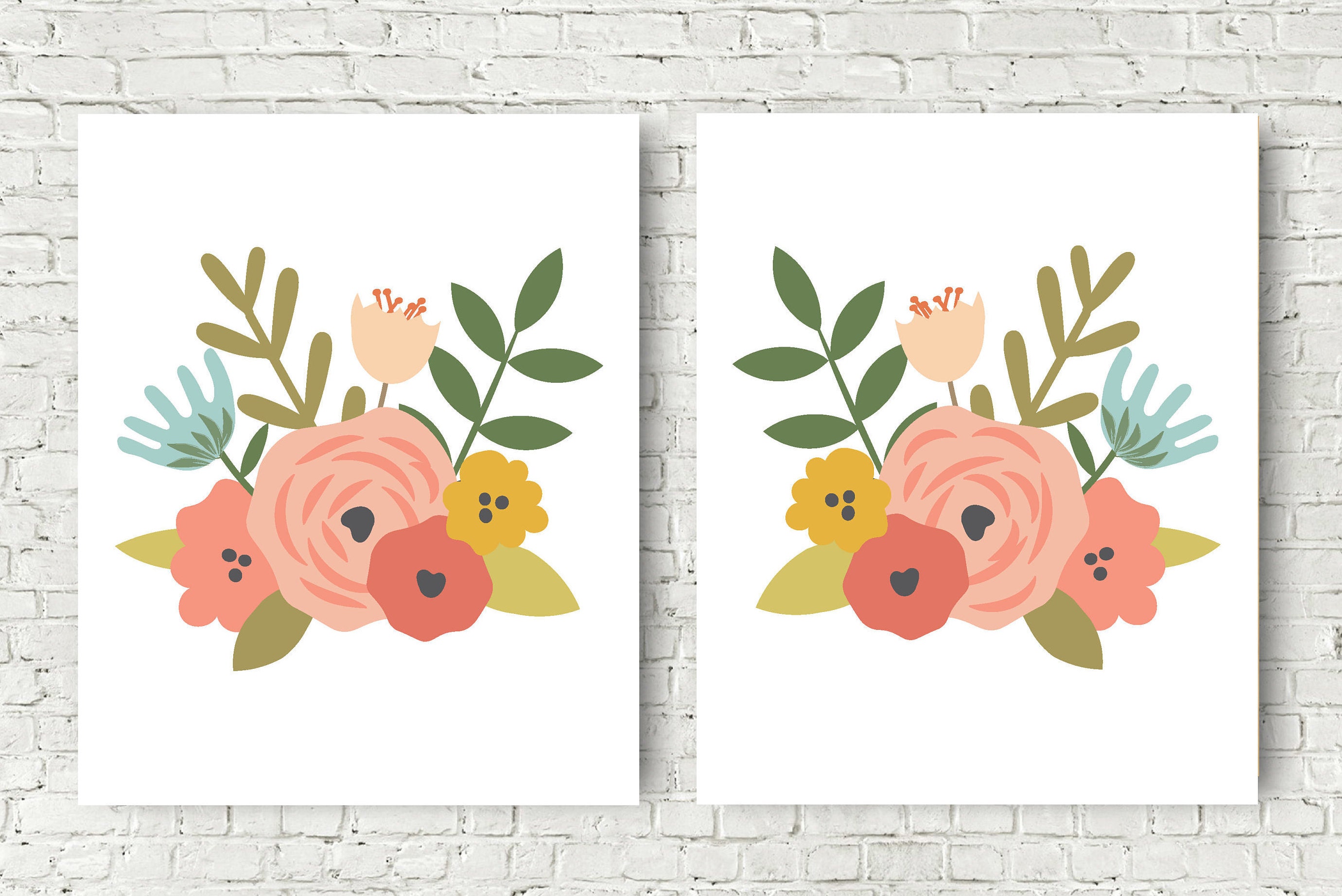 Flower Art Set of 2 Pink Folk Art Floral Art Prints 8x10 set | Etsy