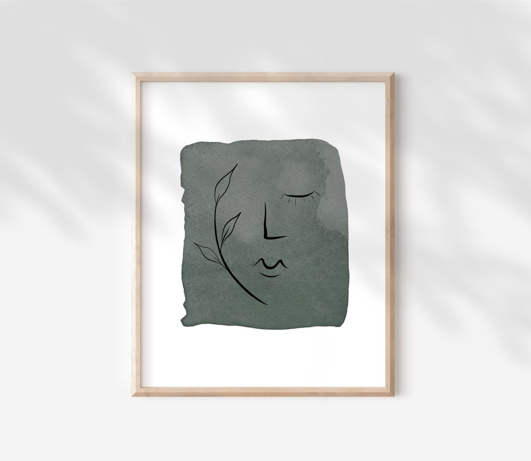 Green Watercolor Line Drawing Face Printable - Modern Minimalist Art ...