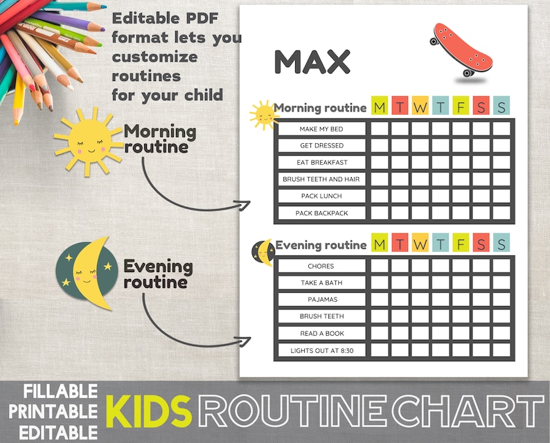 Routine Chart Kids Printable Skateboard Chart Fillable - Etsy