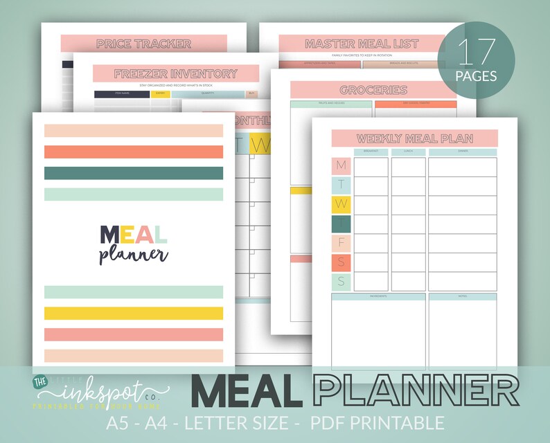 Meal Planner Printable Instant Download Menu Planner Recipe Planner ...