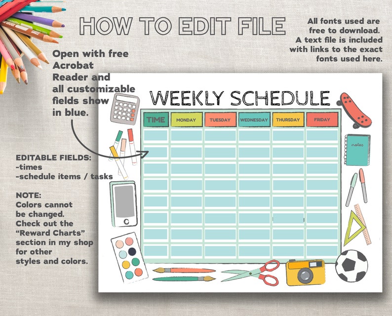 Kids Schedule Editable Printable Fillable PDF Template - Etsy