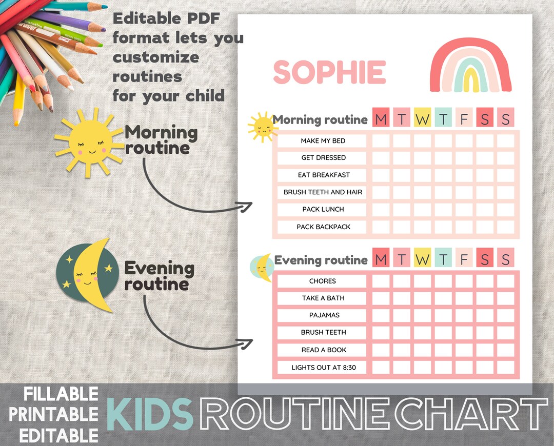 Kids Chart Girl Routine Chart Pink Rainbow Morning and Evening Routine ...
