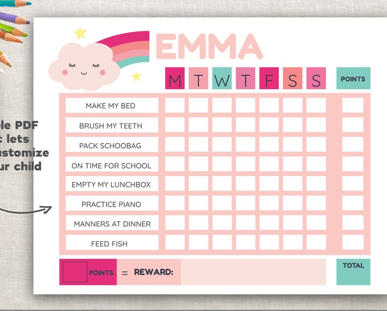 Reward Chart Girls Printable Chore Chart Rainbow Cloud Pink Routine ...