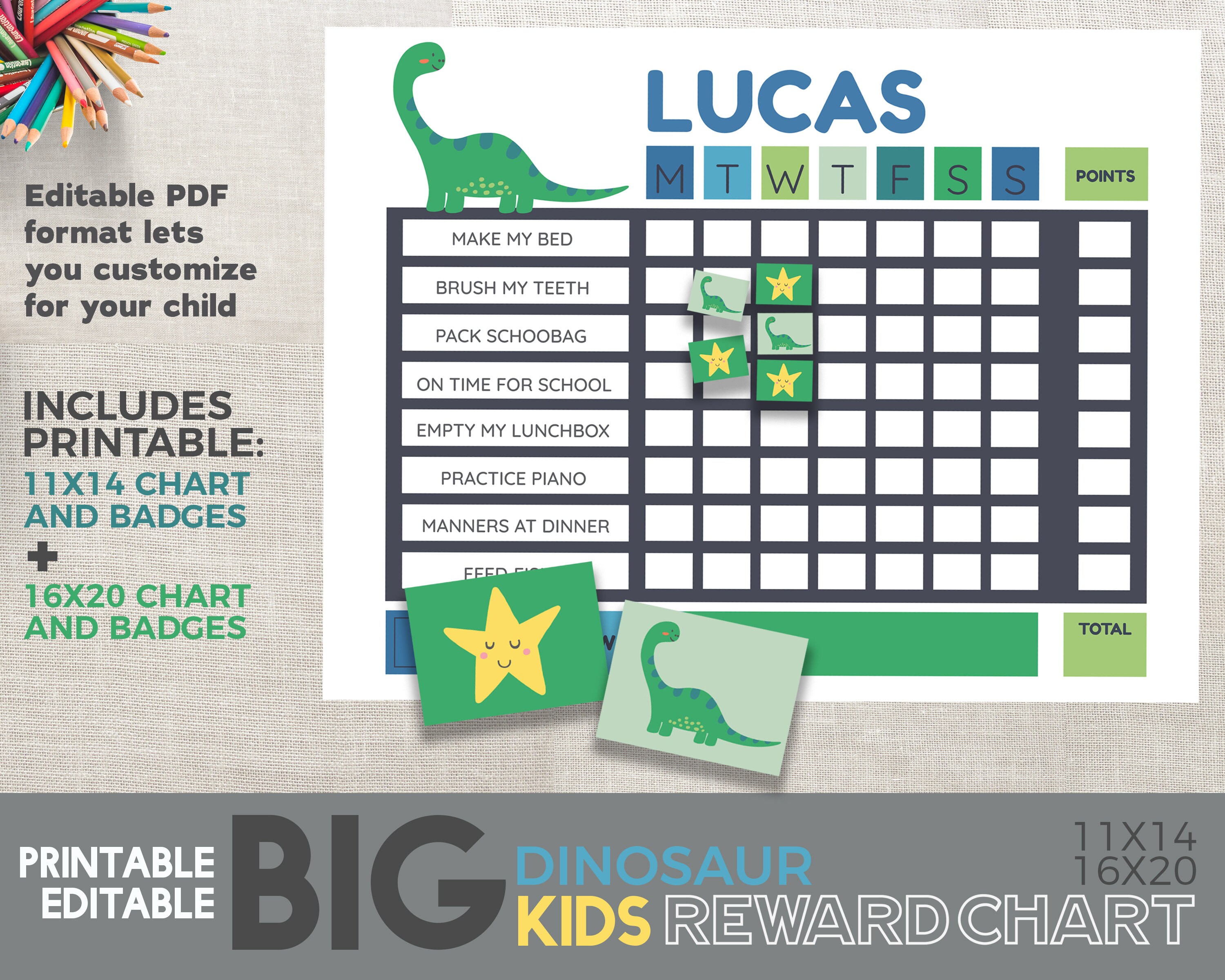 Big Reward Chart Dinosaur 11x14 and 16x20 Editable Printable | Etsy