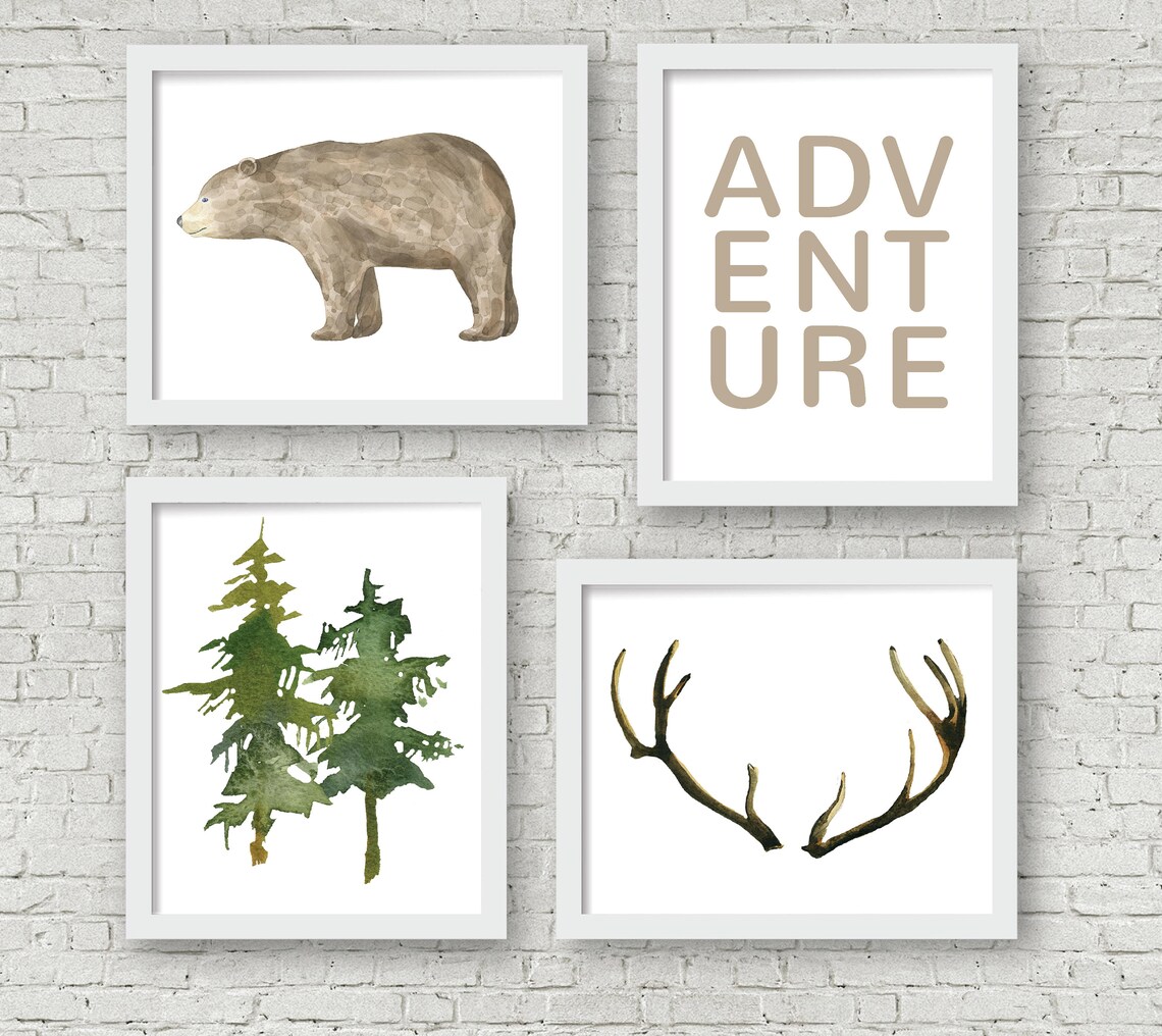 Boys Wall Art Set of 4 Adventure Digital Art Prints Bear Forest Antlers ...