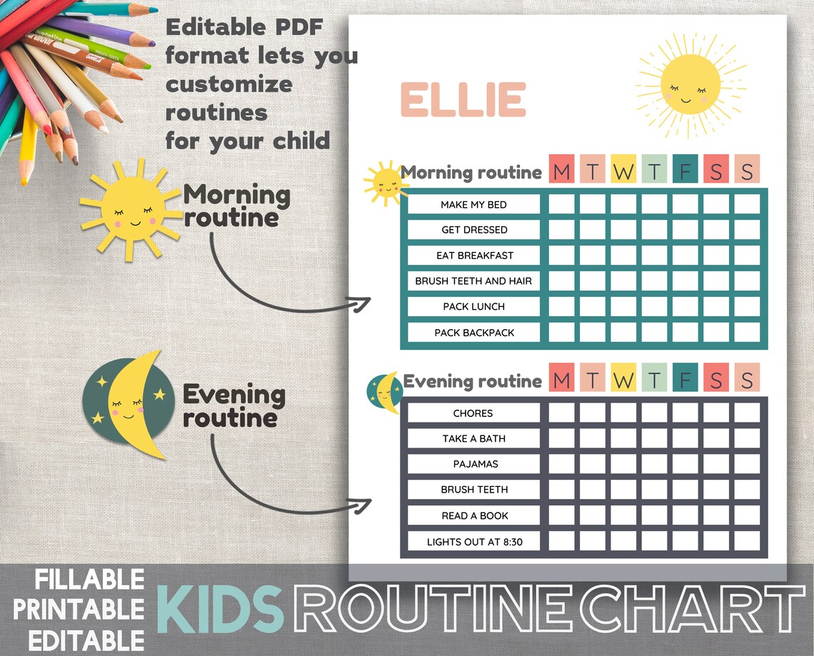 Routine Chart Kids Printable Sun Chart Fillable Editable Daily - Etsy ...