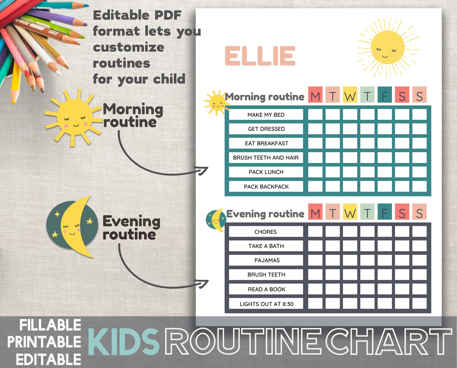 Routine Chart Kids Printable Sun Chart Fillable Editable Daily - Etsy ...