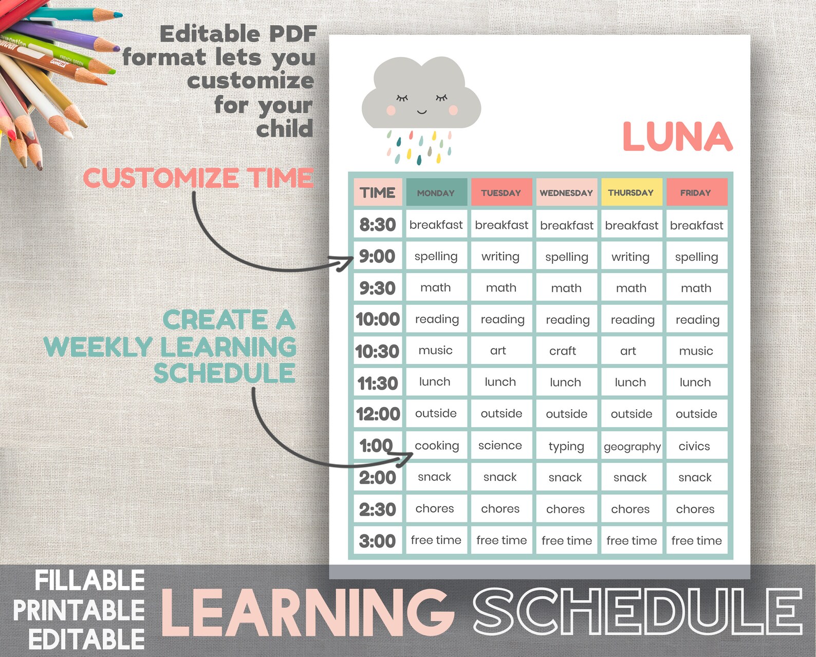 Kids Daily Planner Kids Schedule Editable Printable Fillable | Etsy