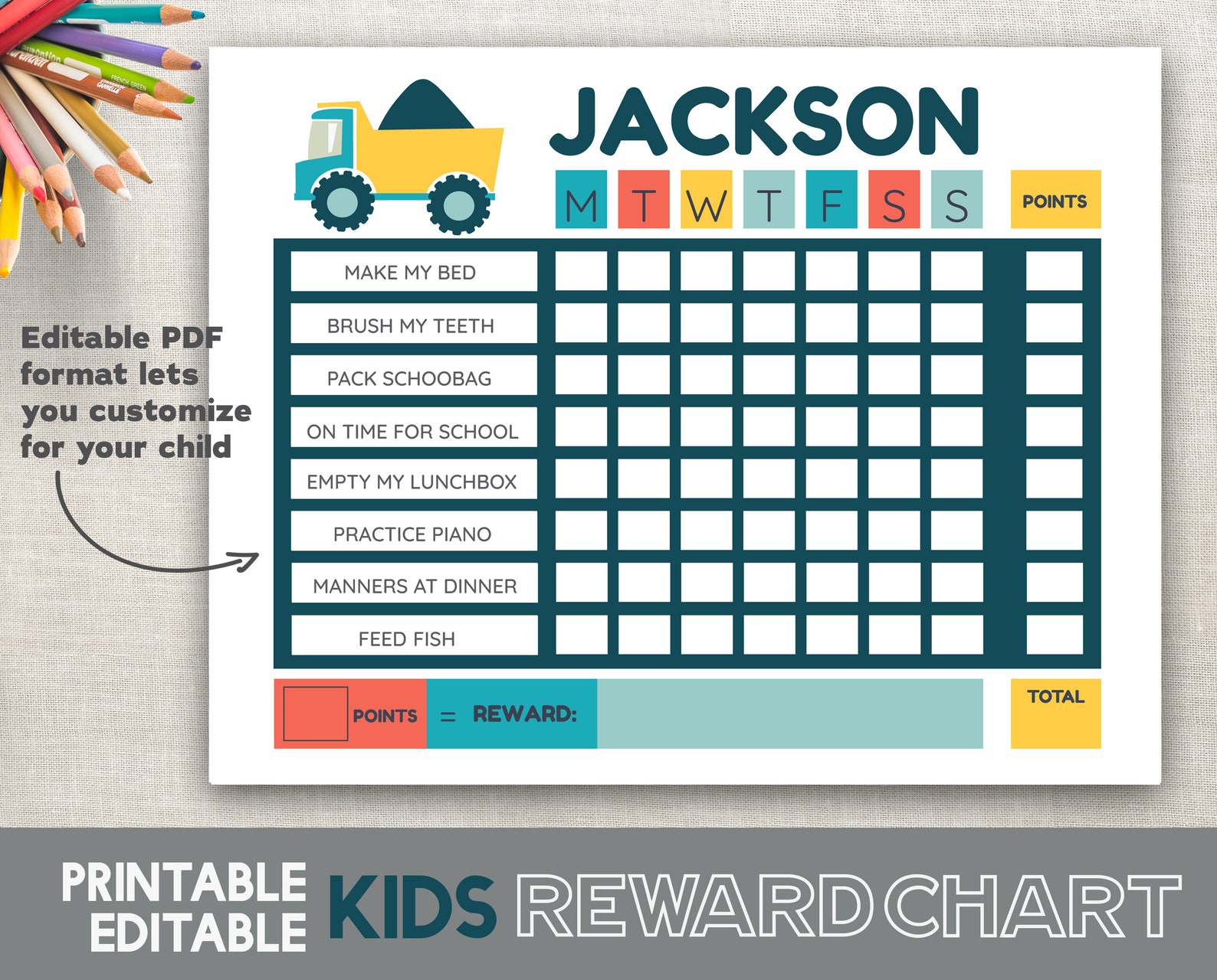 Truck Reward Chart Boys Chart Dump Truck Printable Editable - Etsy