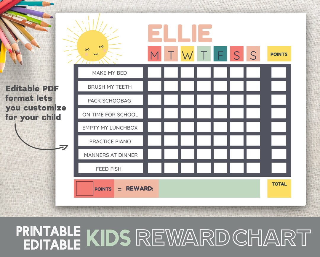 Cute Reward Chart Editable Printable PDF Kids Sunshine Reward Chart ...