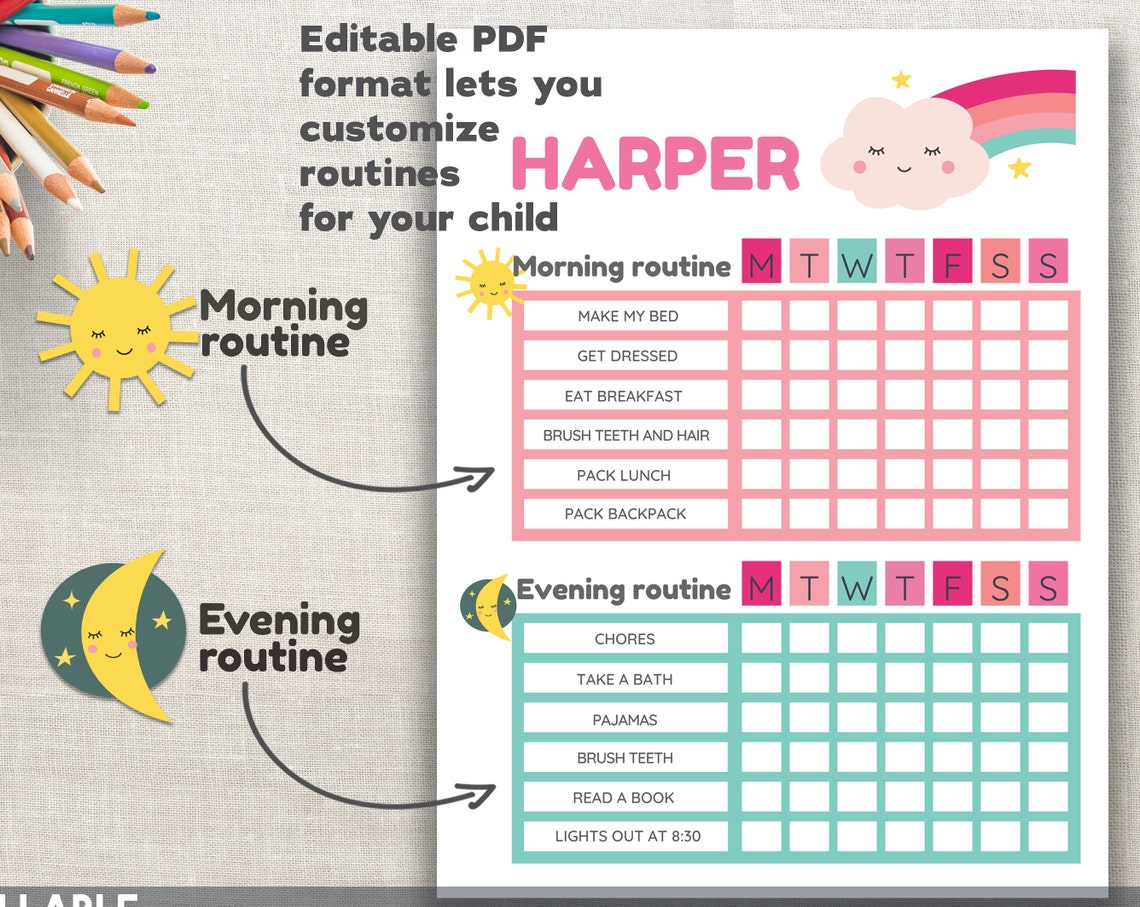 Morning Evening Routine Chart Girls Pink Cloud With Rainbow Printable ...