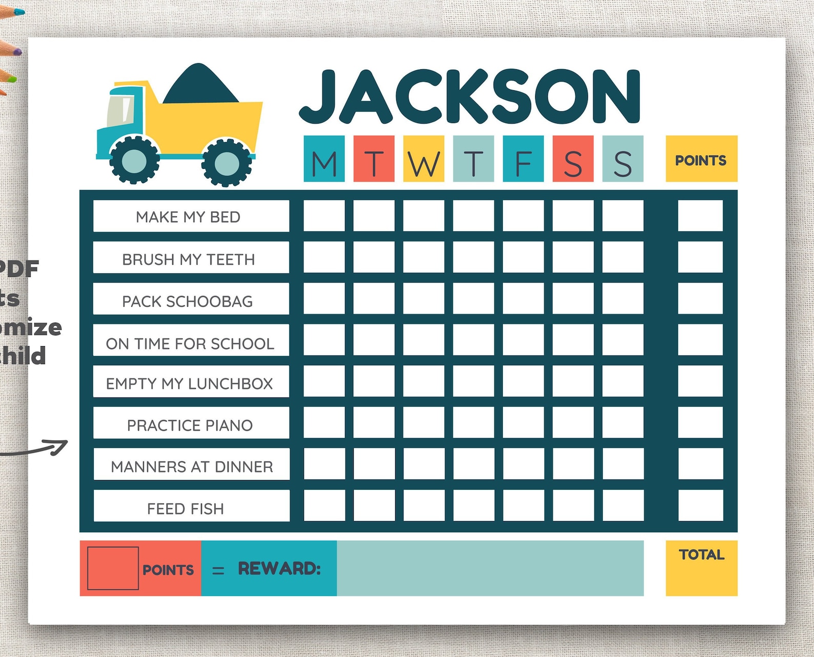 Truck Reward Chart Boys Chart Dump Truck Printable Editable - Etsy