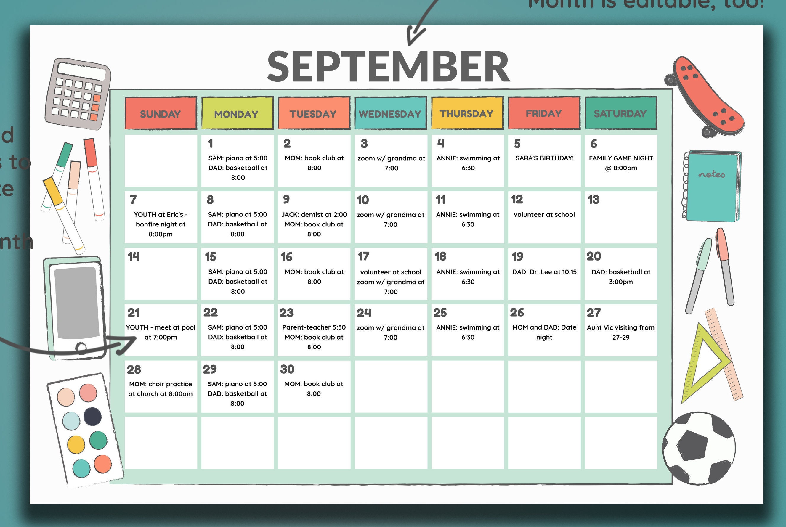 School Year Calendar Printable Editable Monthly Schedule - Etsy Canada