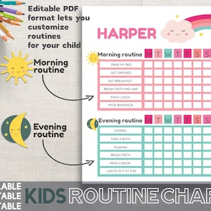 Morning Evening Routine Chart Girls Pink Cloud With Rainbow Printable ...