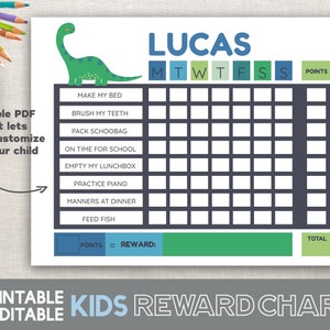 Boy Reward Chart Printable Editable Fillable PDF 8.5x11 Dinosaur Chore ...