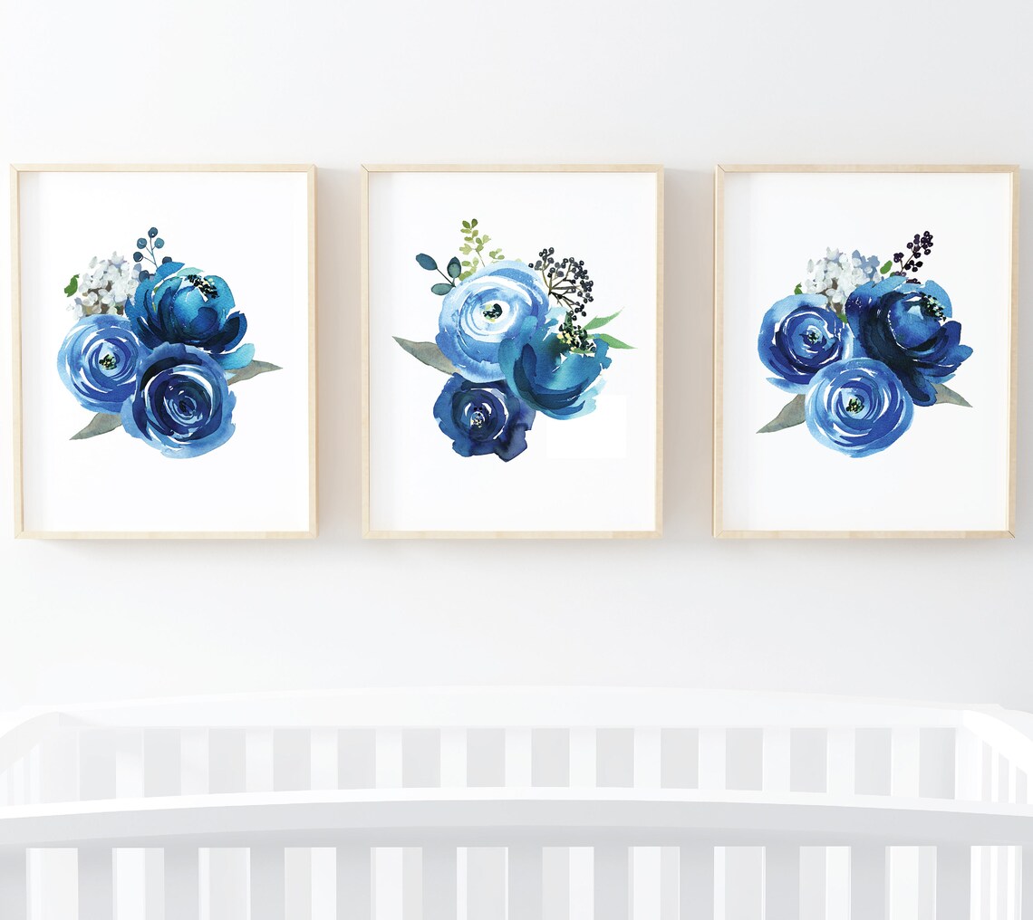 Floral Nursery Set Blue Floral Set of 3 Digital Art Prints - Etsy